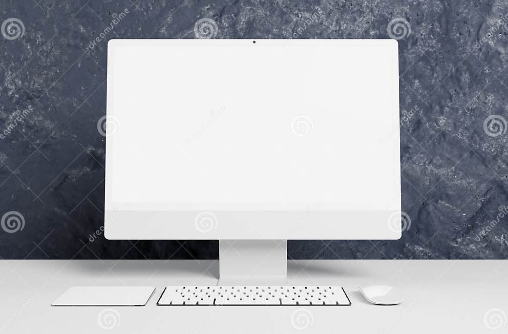 Computer Clean Work Desk in White Table and Stone Textured Wall Stock ...