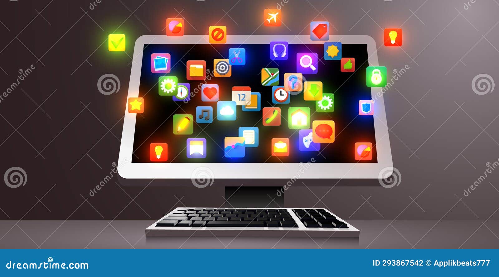Computer with Cloud of App Icons on the Screen. Application Store ...
