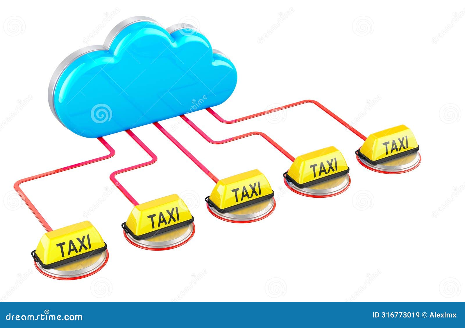 Computer Cloud Connected with Taxi, Control of Taxi Service. 3D ...