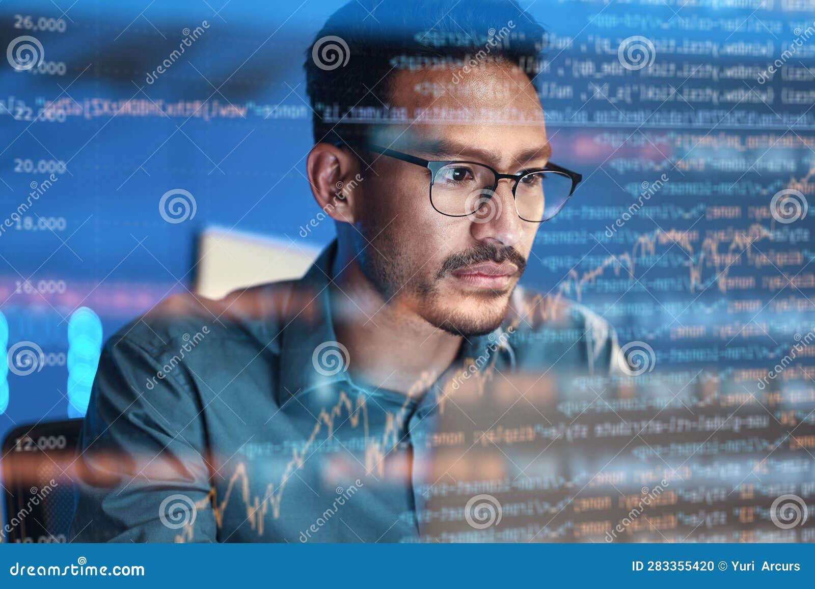 Computer, Code Hologram and Business Man in Data Analysis, Coding Technology and Software ...