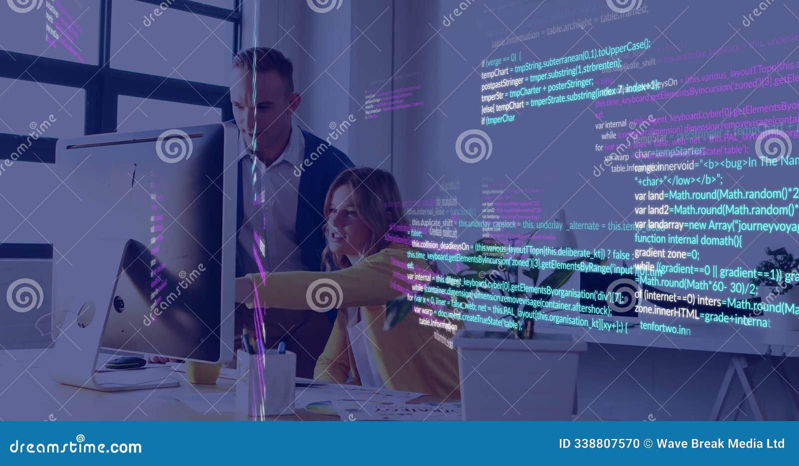 Computer Code Image Over Business People Collaborating in Modern Office Stock Photo - Image of ...