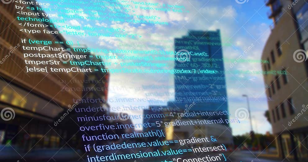 Computer Code Image Over Cityscape with Skyscrapers and Cloudy Sky ...