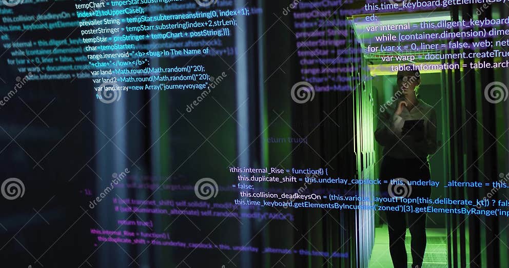 Computer Code Image Over Person Standing Near Glass Wall Stock Image ...