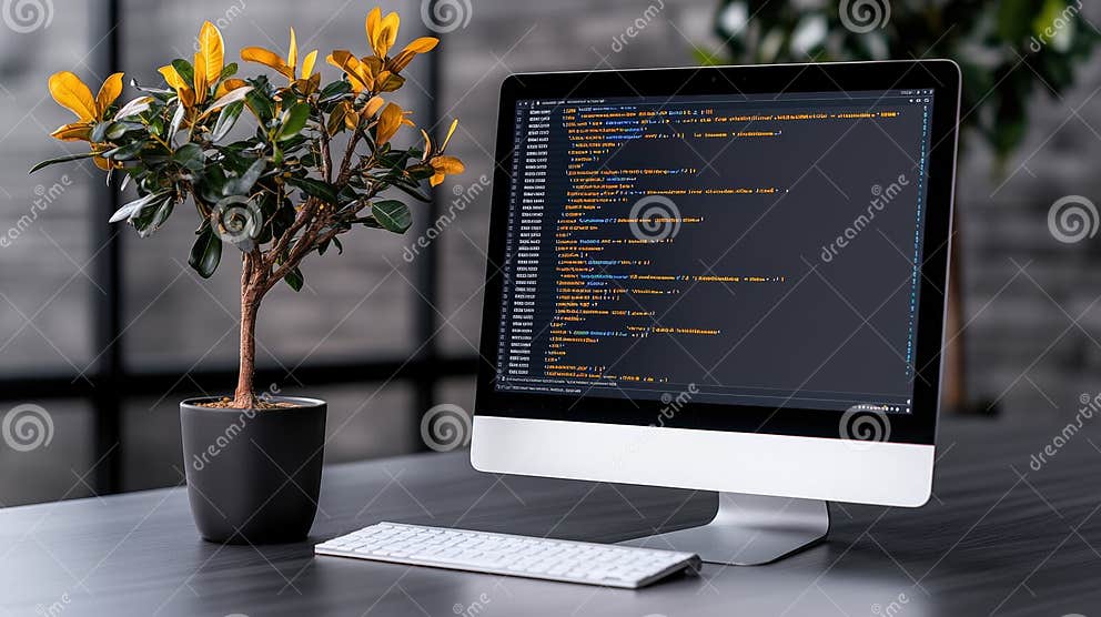 Computer with Code on Screen and a Plant on Desk Modern Workspace Stock ...