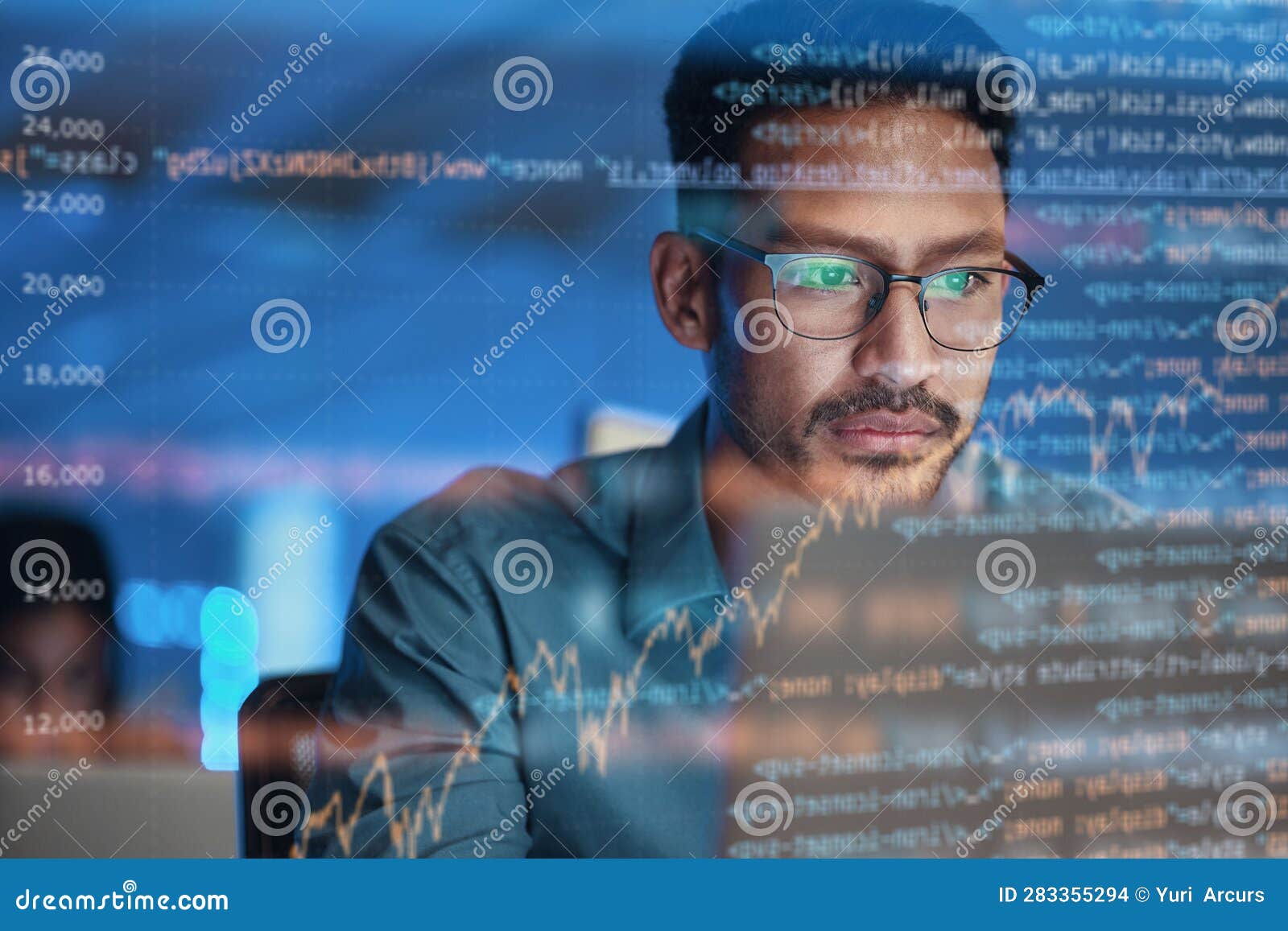 Computer, Coding Hologram and Business Man in Data Analysis, Code Html or Software Overlay at ...