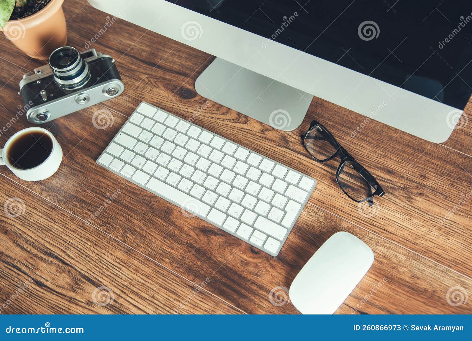 Computer and Coffee with Camera Stock Image - Image of hipster, table ...