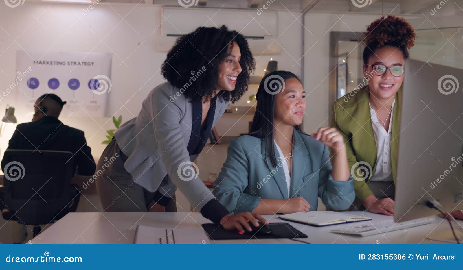 Computer, Collaboration and Business Women Talking in Office while ...
