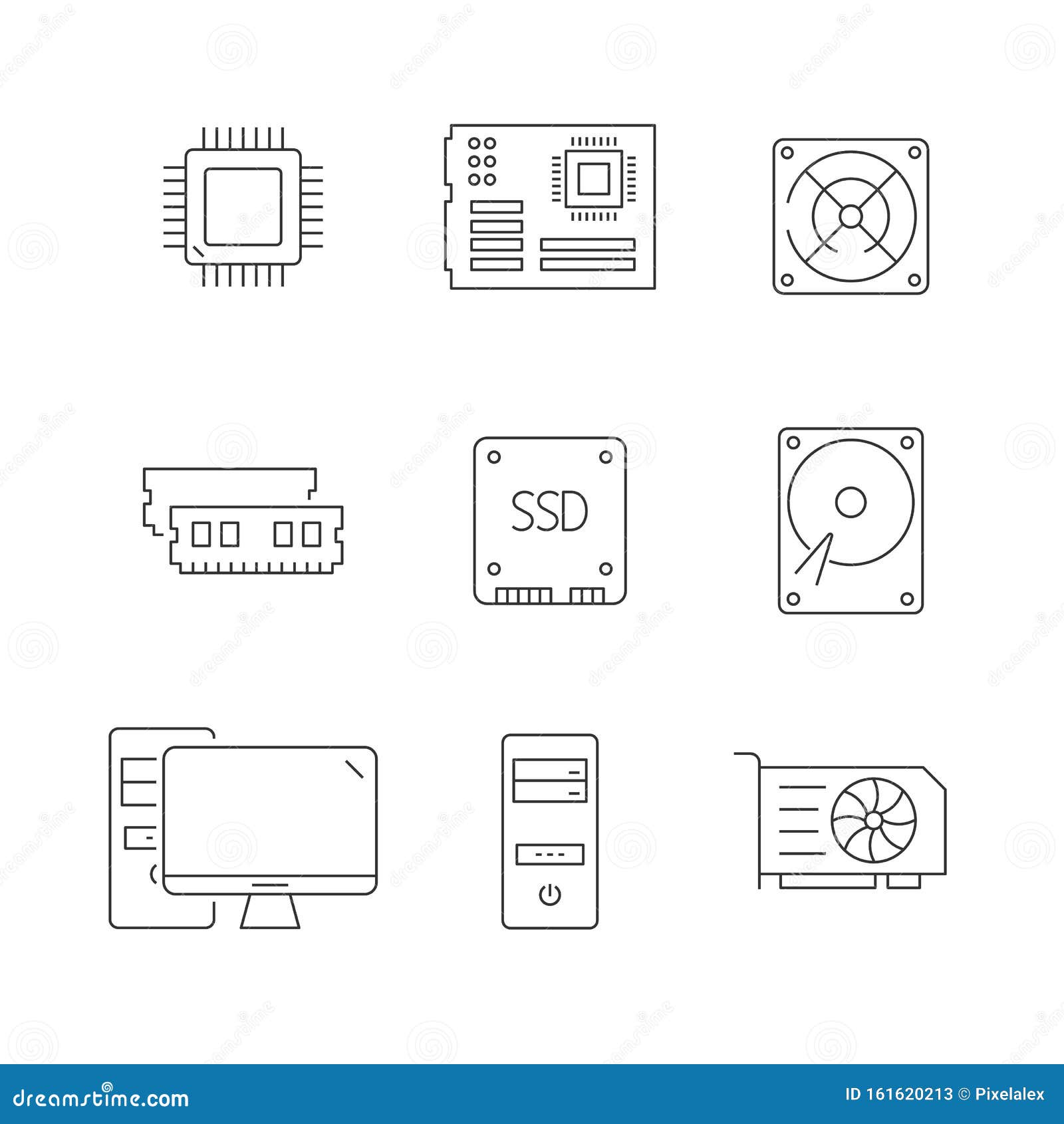 Computer Components Line Icons on White Background Stock Vector ...