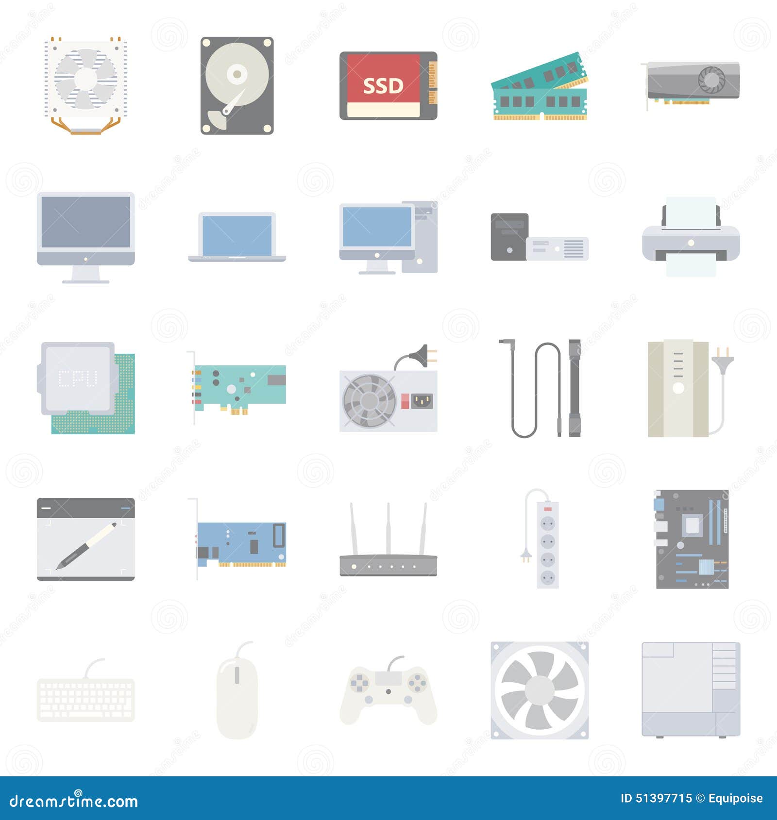 Computer Components and Peripherals Flat Icons Set Stock Illustration ...