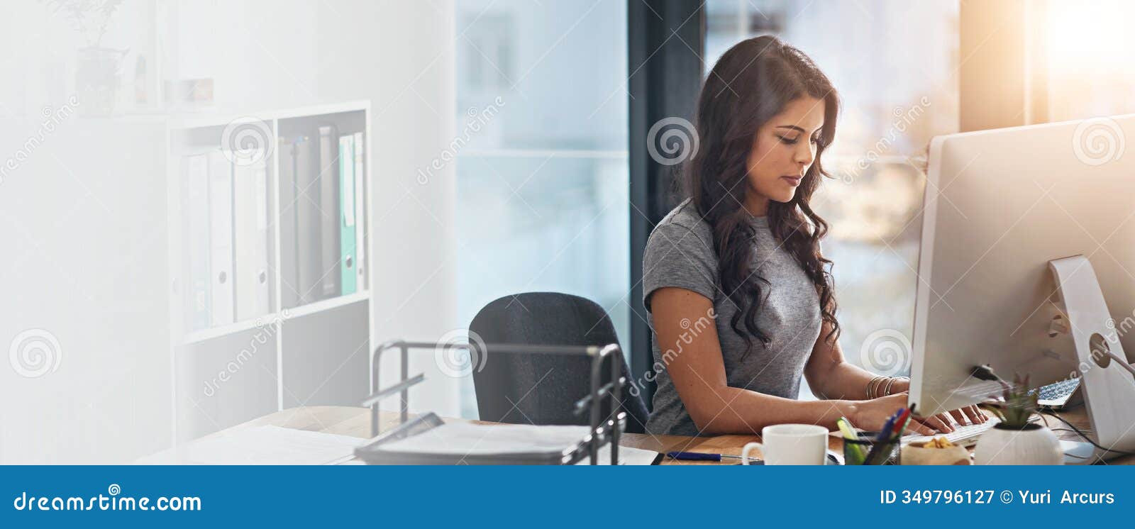Computer, Concentration and Typing with Designer Woman at Desk in ...