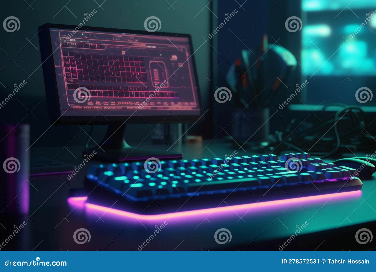 Computer Concept Neon-lit Keyboard and Mouse, AI Generative Stock ...