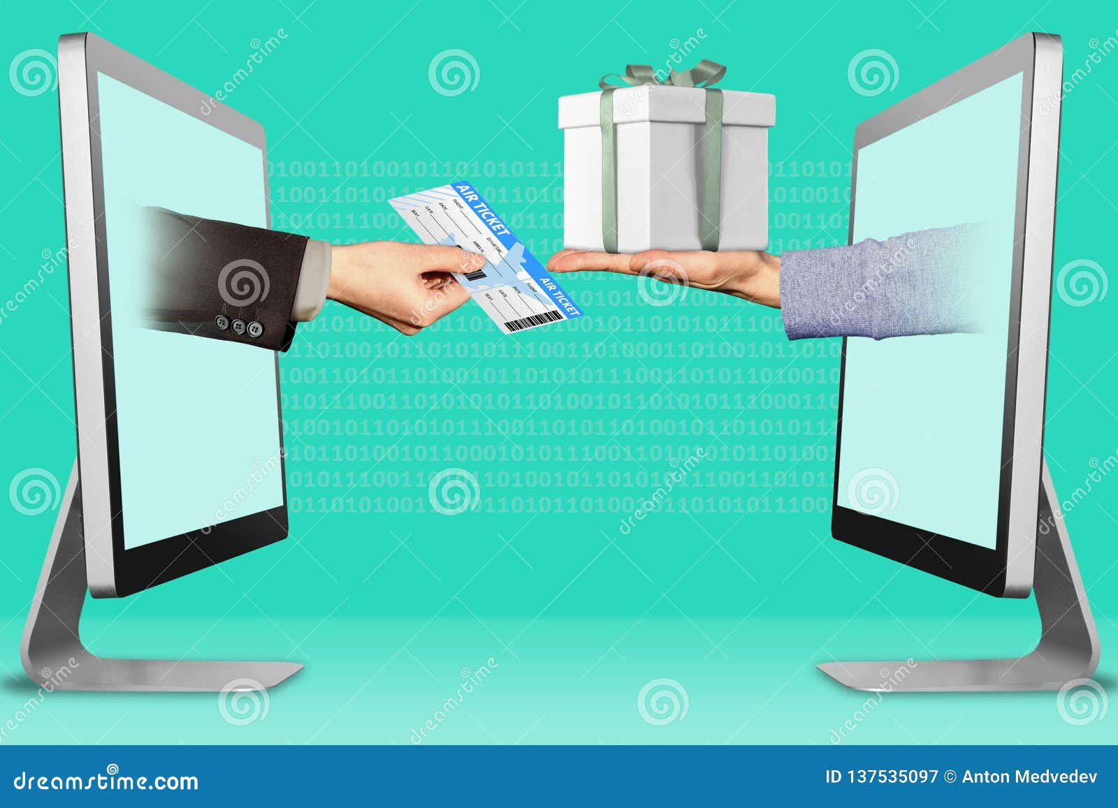 Computer Concept, Two Hands from Computers. Air Ticket and Hand with ...