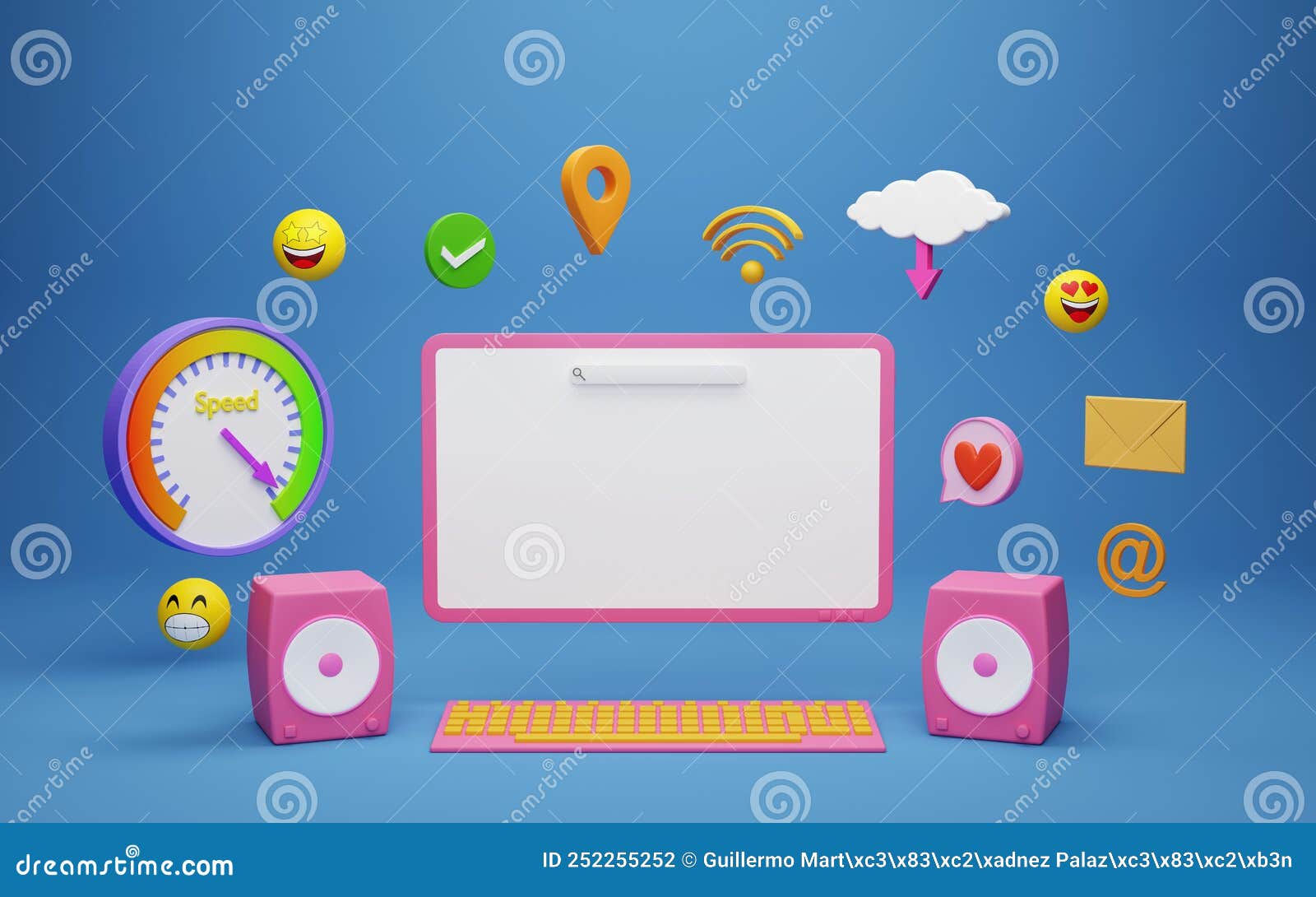 Computer Connected To the Internet and Surrounded by Symbols. Wifi Test ...