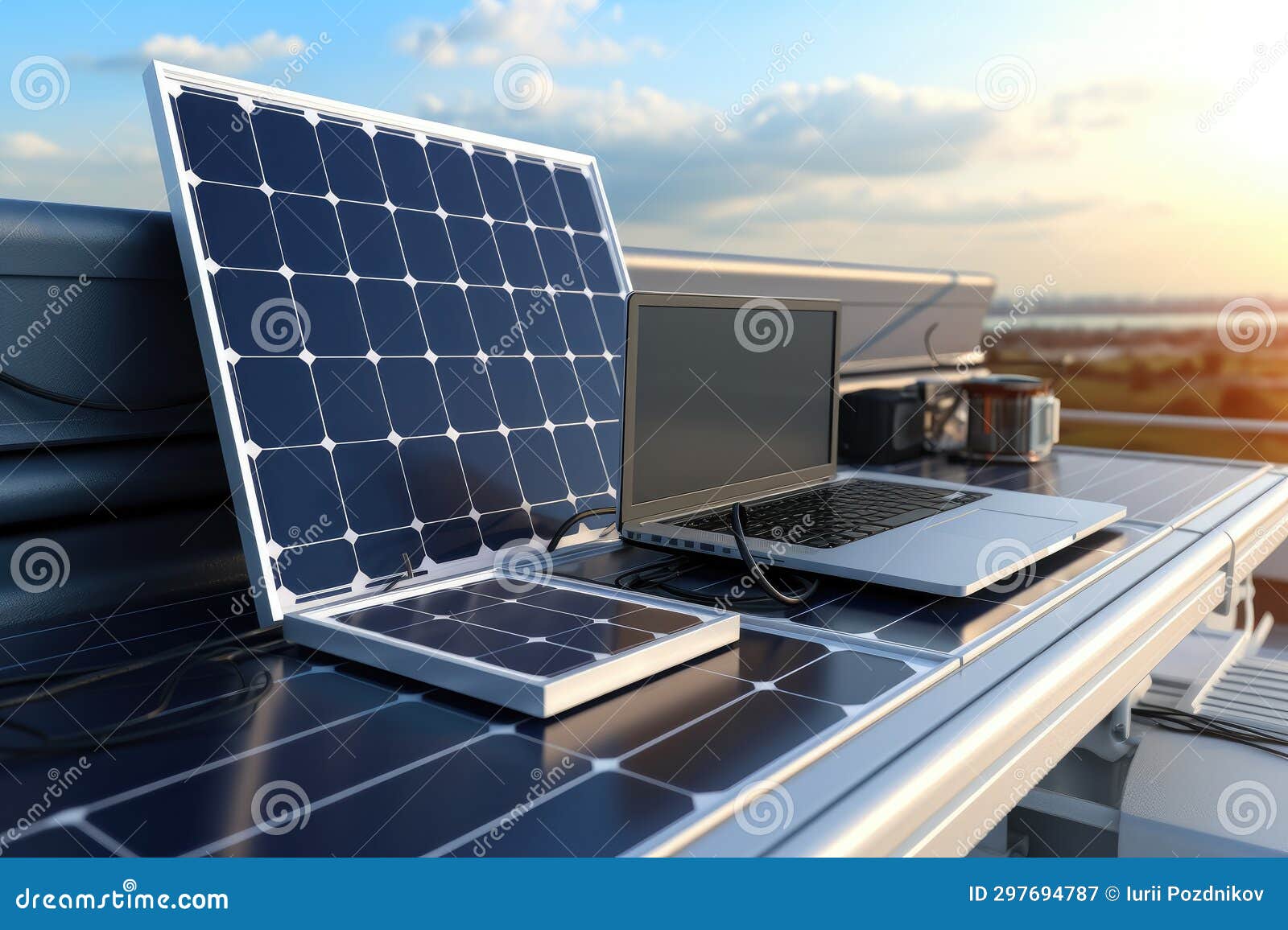 A Computer Connected To a Solar-powered Charger. Stock Image - Image of ...