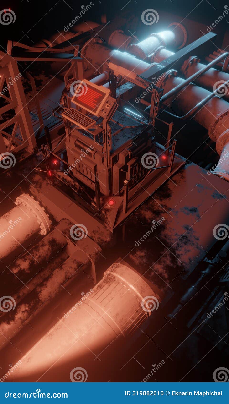 Computer in Control Room and Pipe Lines in Dark Scene Stock ...