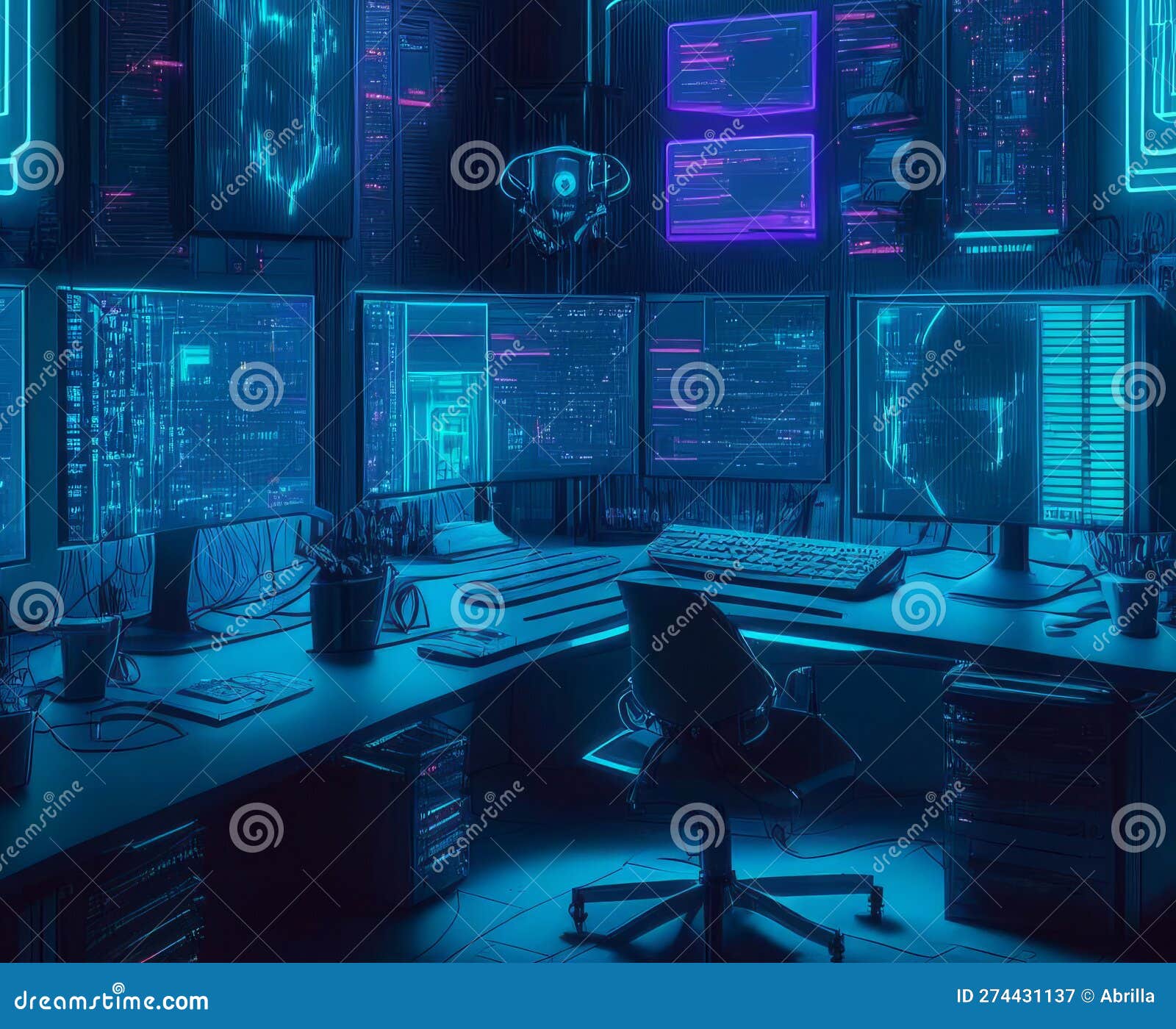 Computer Control Room with Several Screens in Neon Light. Illustration ...