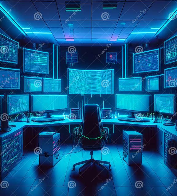 Computer Control Room with Several Screens in Neon Light. Illustration ...