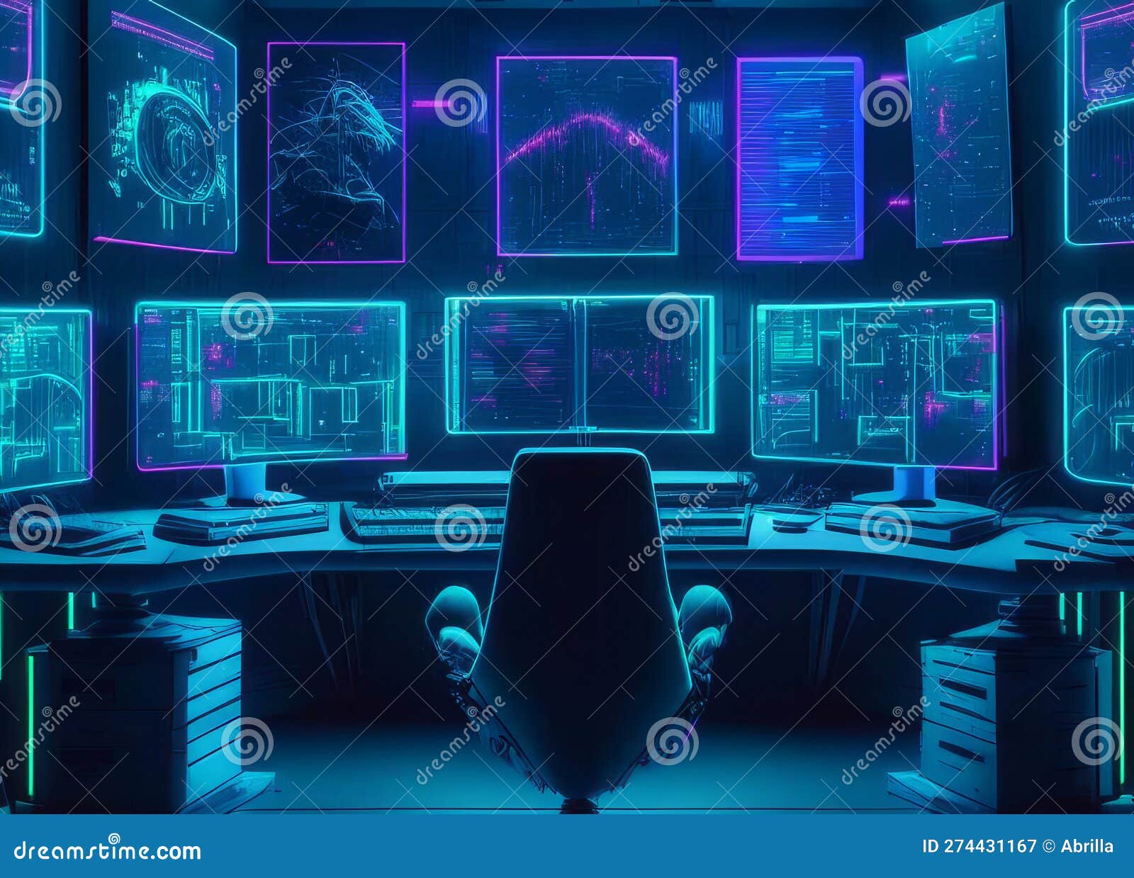 Computer Control Room with Several Screens in Neon Light. Illustration ...