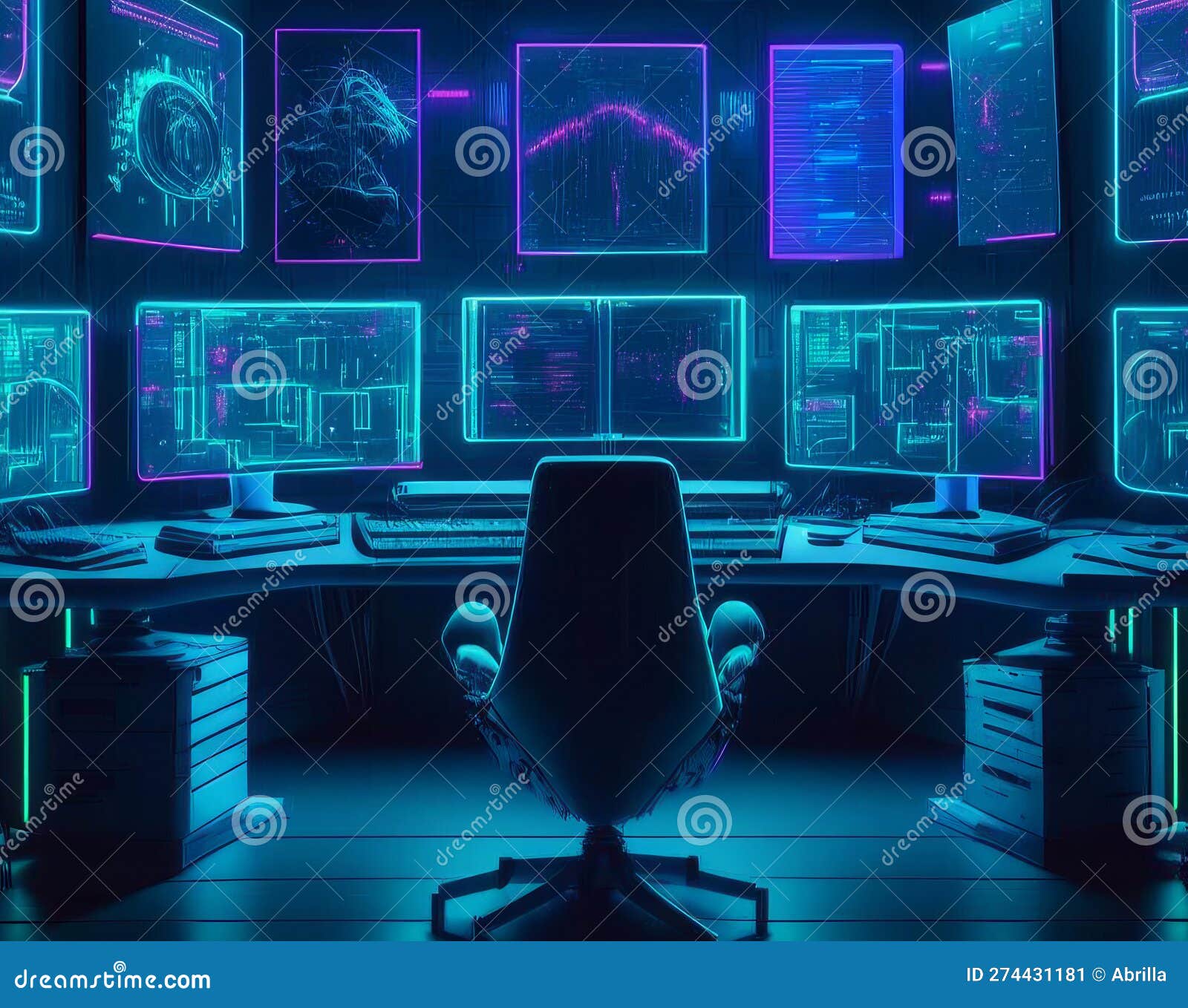 Computer Control Room with Several Screens in Neon Light. Illustration ...