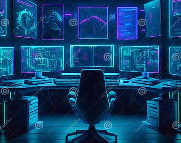 Computer Control Room with Several Screens in Neon Light. Illustration ...