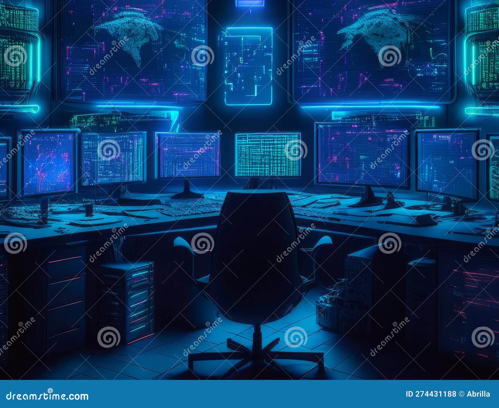 Computer Control Room with Several Screens in Neon Light. Illustration ...