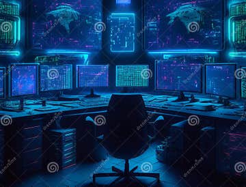 Computer Control Room with Several Screens in Neon Light. Illustration ...