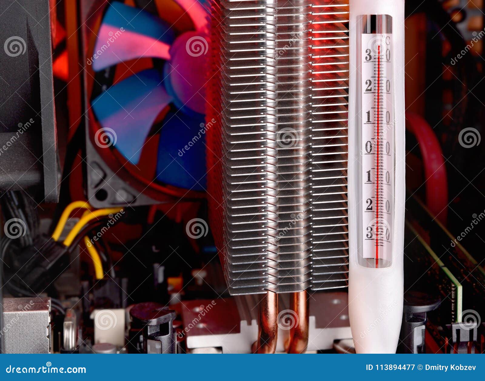 Computer Cooling System Next To the Temperature Thermometer. Stock ...