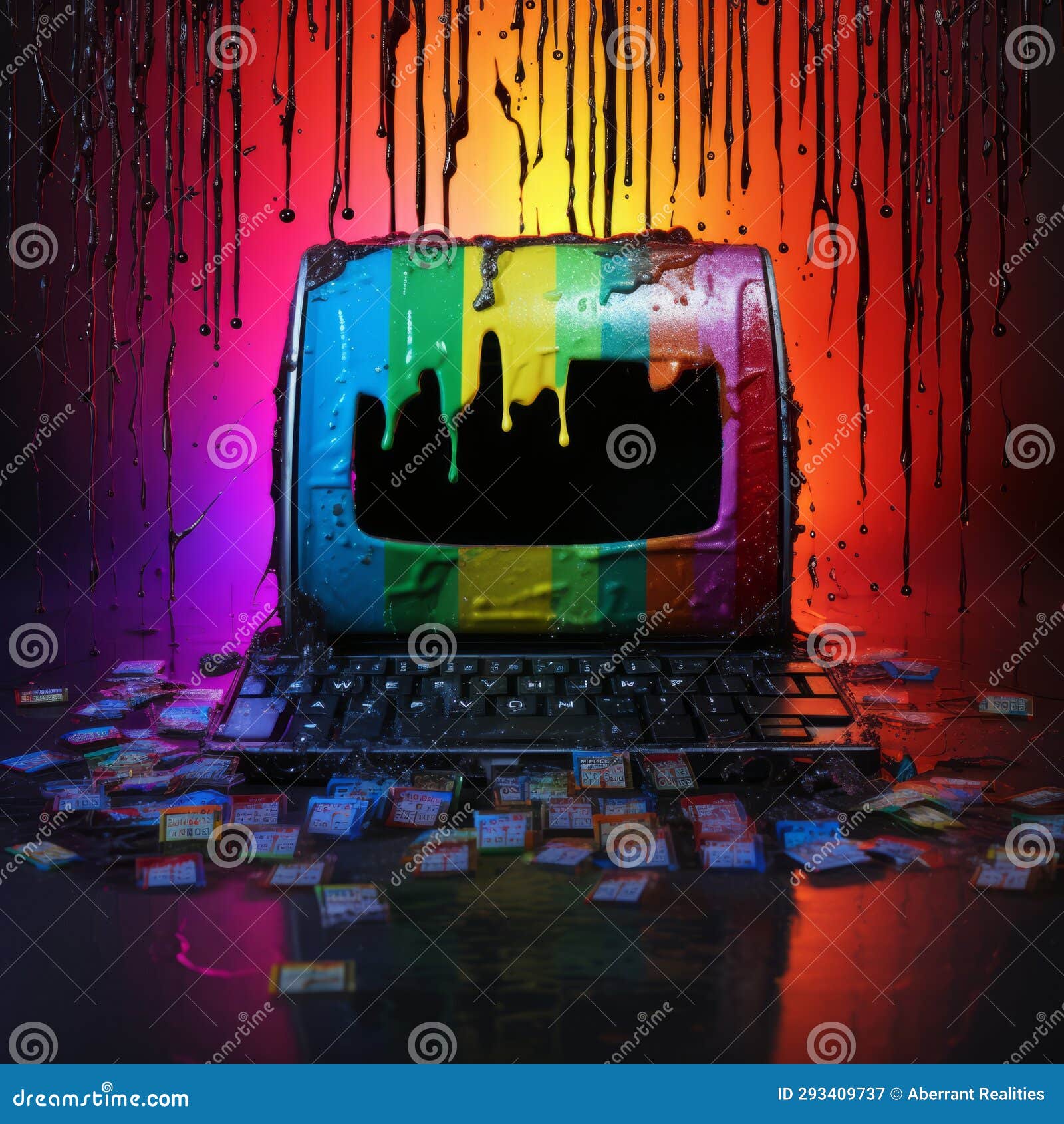 A Computer that is Covered in Paint and Has a Rainbow on it Stock ...