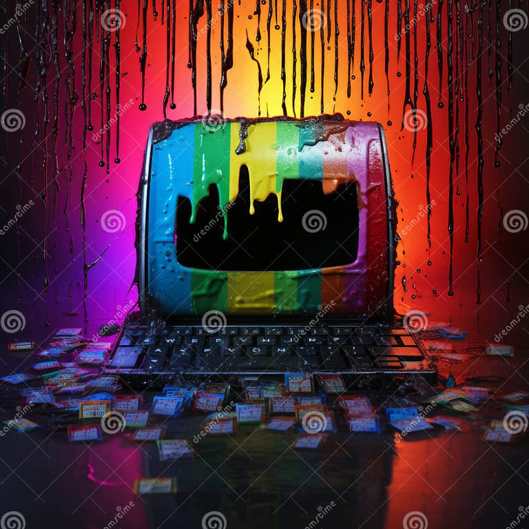 A Computer that is Covered in Paint and Has a Rainbow on it Stock ...