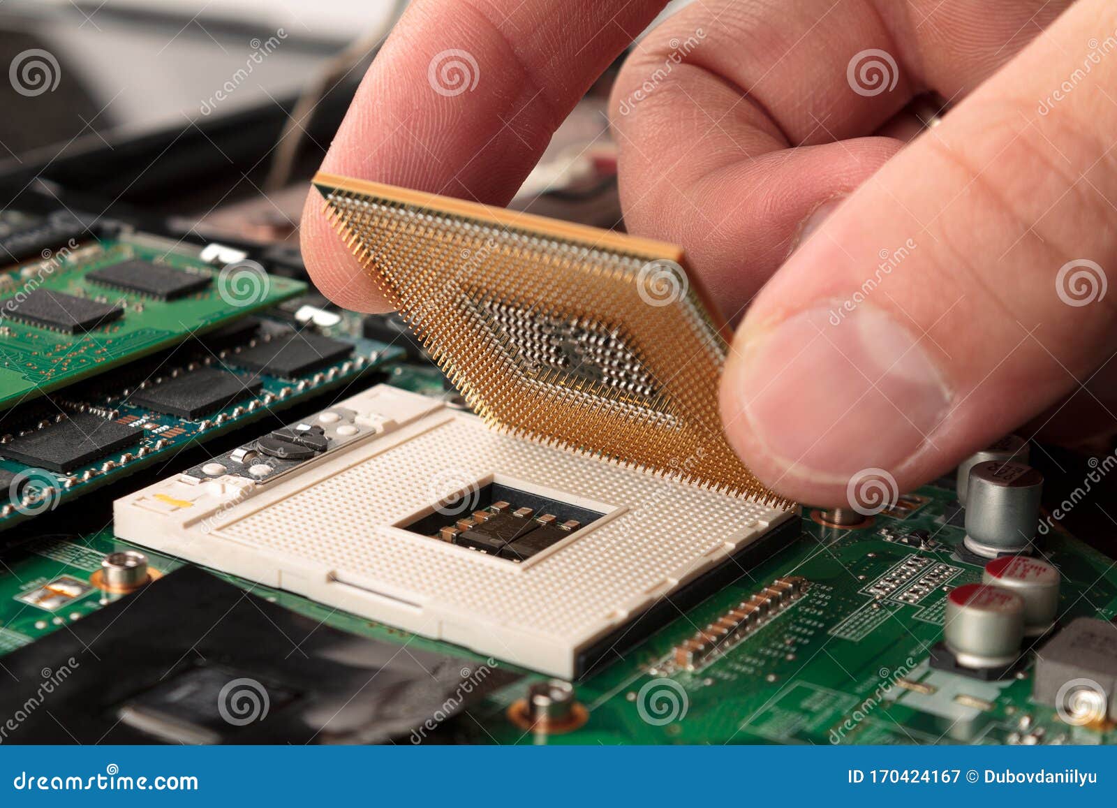 Computer CPU Close-up On The Motherboard Background, Socket Of Central ...