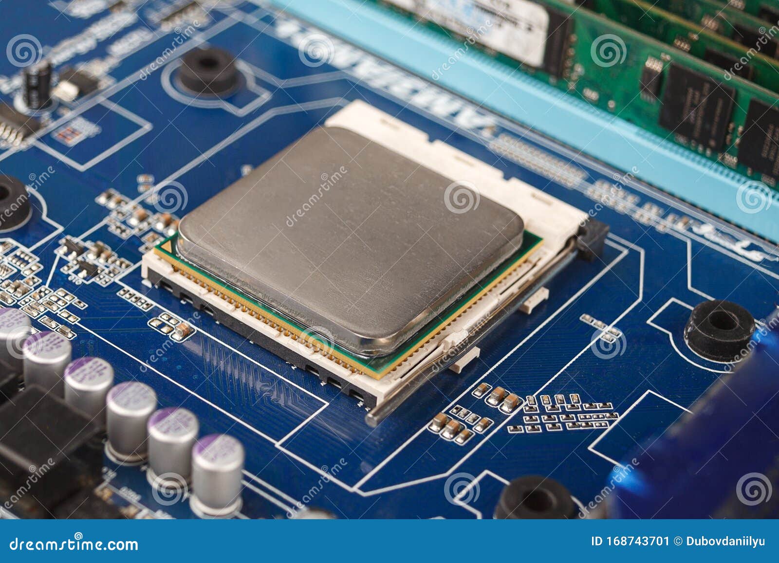 Computer CPU Close-up On The Motherboard Background, Socket Of Central ...