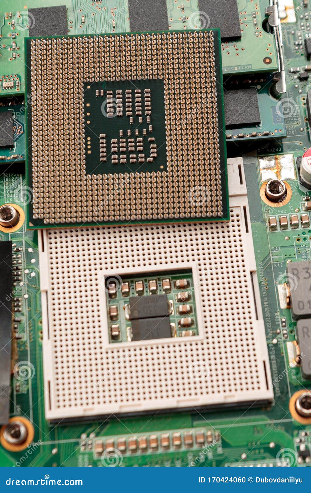 Computer CPU Close-up On The Motherboard Background, Socket Of Central ...