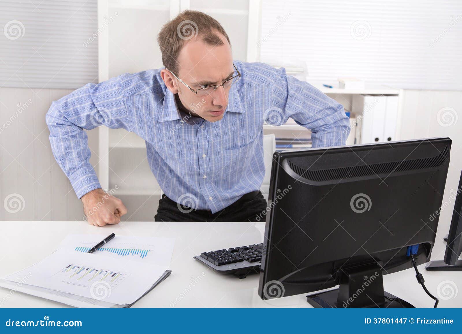Computer Crash: Shocked Manager in Blue Shirt in Front of His Co Stock ...