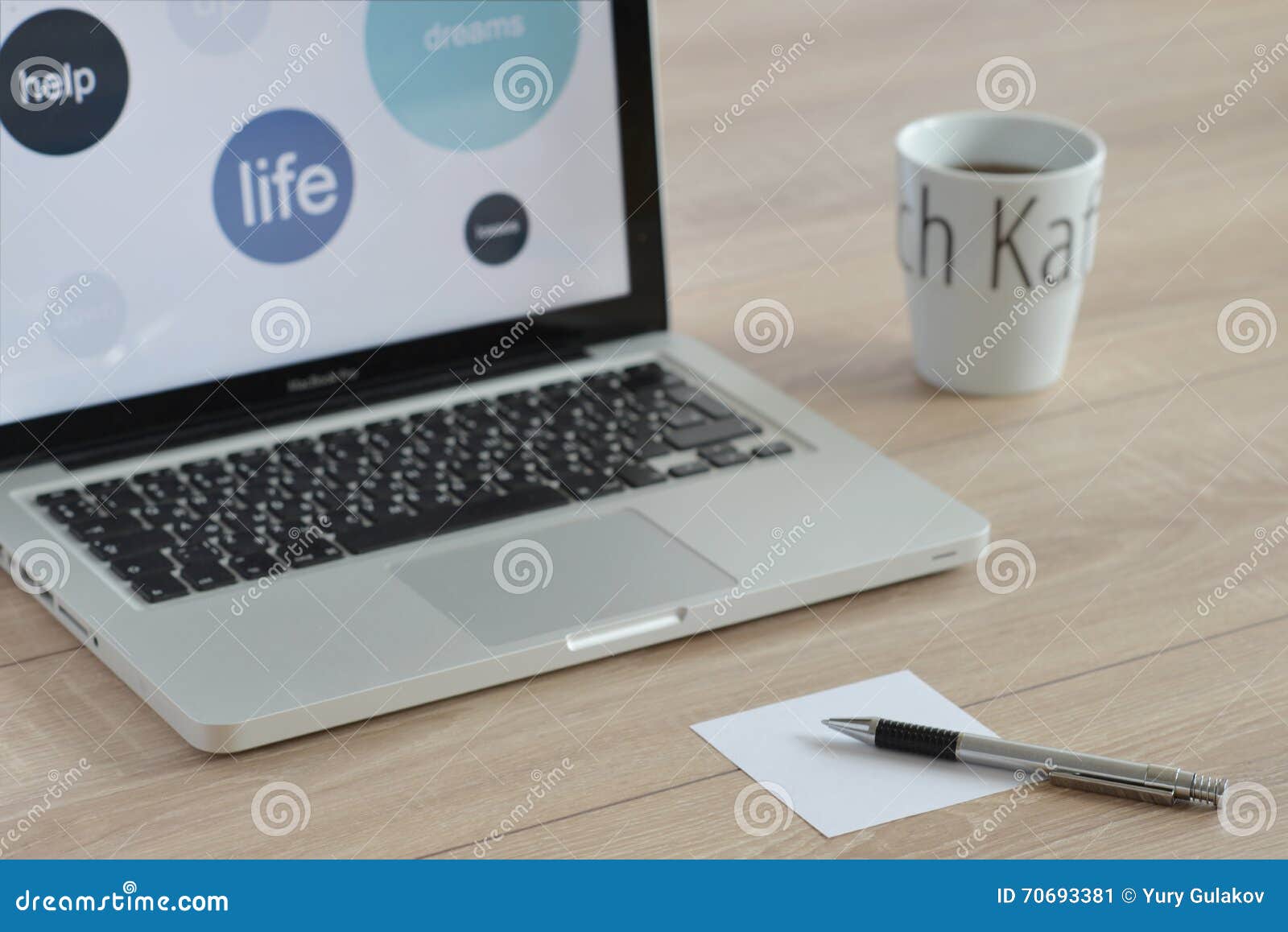 Computer, Cup of Coffee with Letters, Pen and Paper for Notes. Stock ...