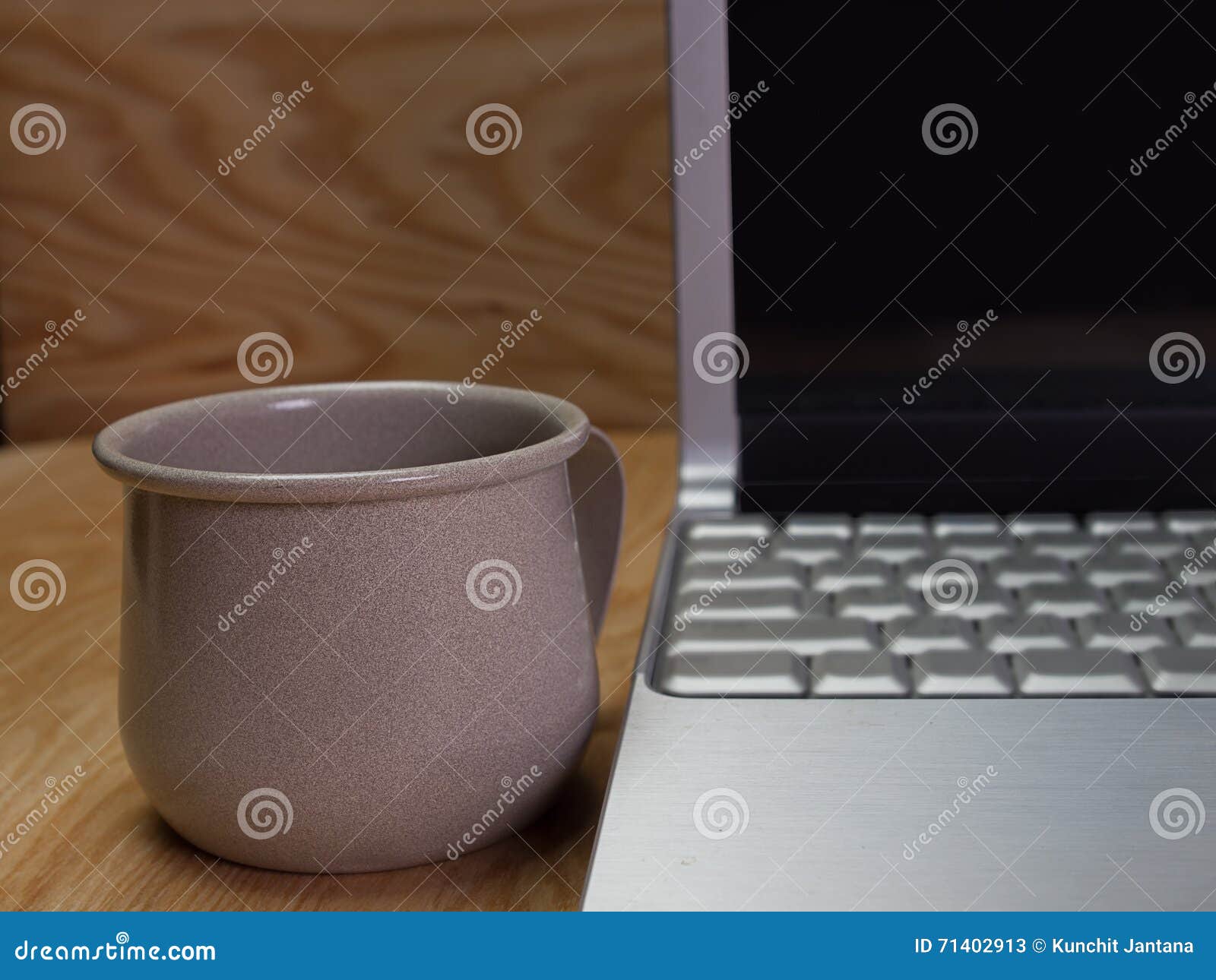 Computer and Cup of Coffee on Wooden Desk. Stock Image - Image of ...