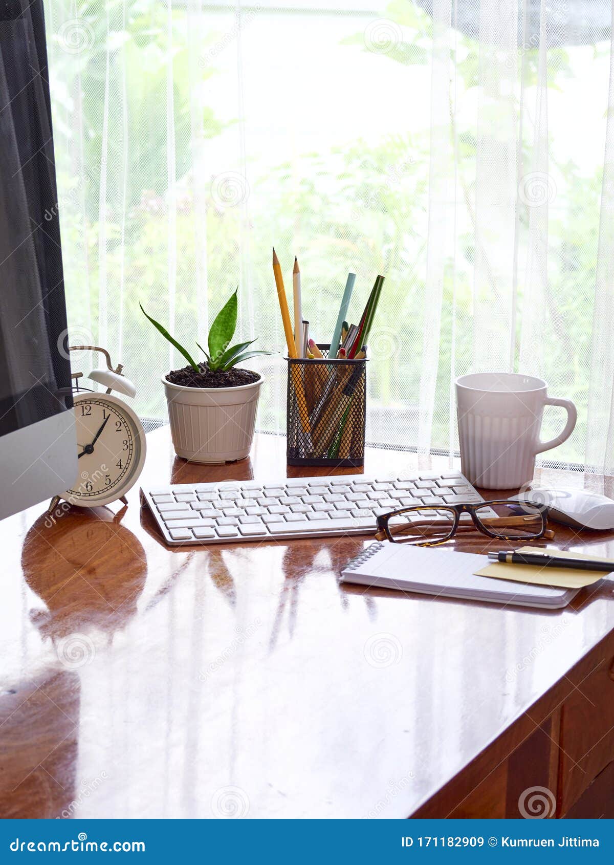 Computer with Cup of Coffee on Working Desk Stock Image - Image of ...