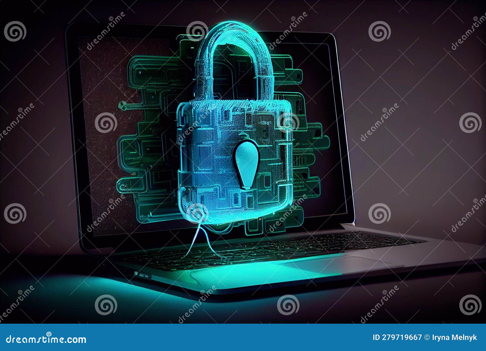 Computer on Dark Black Background with Neon Lights and Lock As a ...