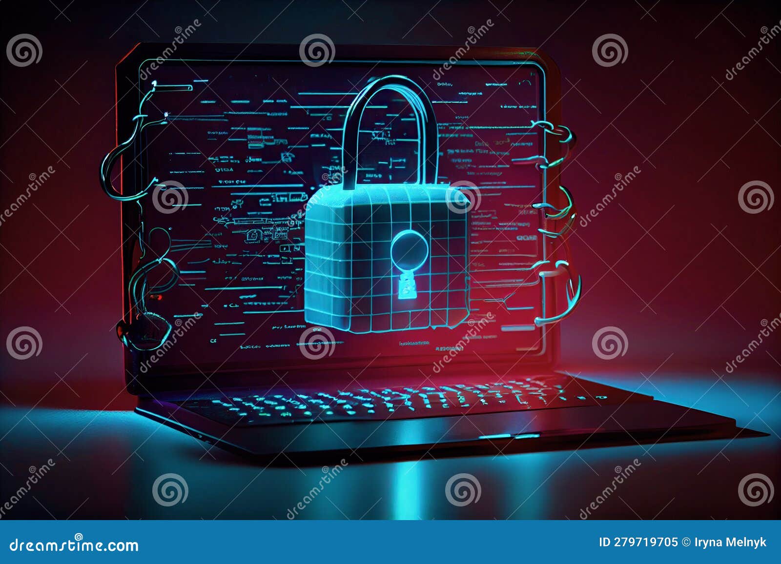 Computer on a Dark Black Background with Neon Lights and Lock As a ...