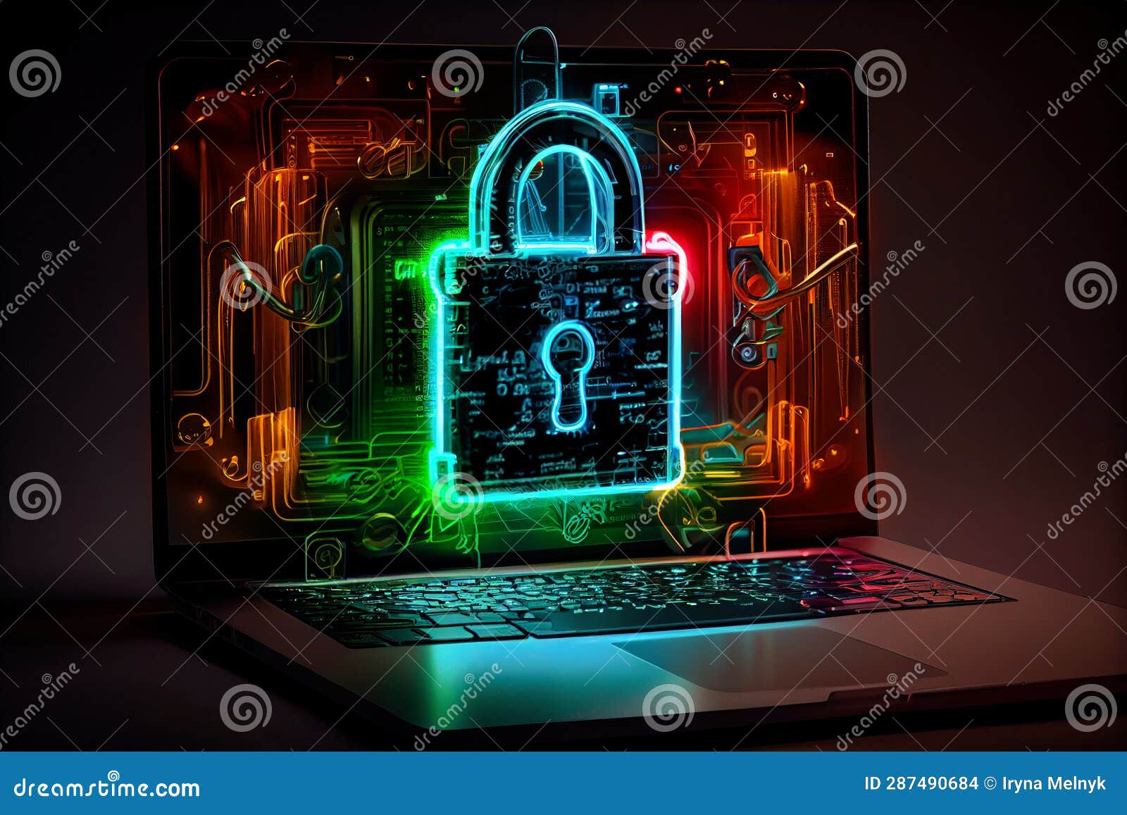Computer on Dark Black Background with Neon Lights and Lock As a ...