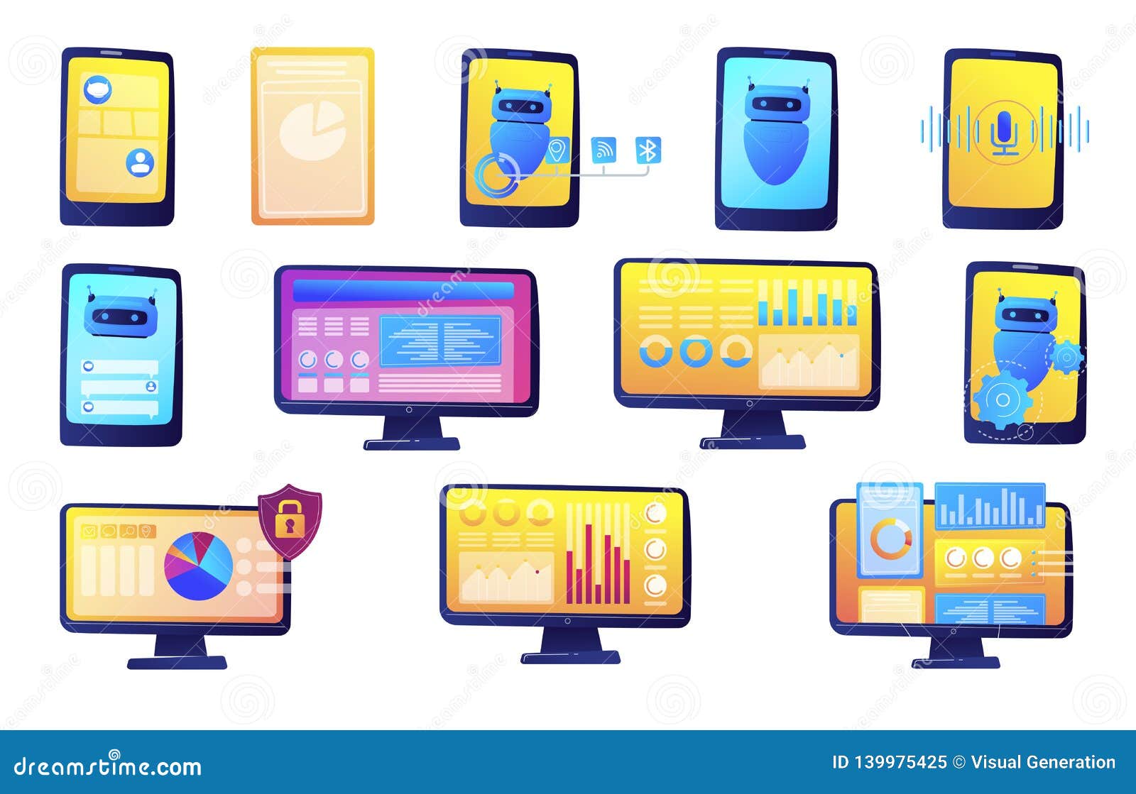 Computer Data Analysis and Chat Bot Vector Illustrations Set. Stock ...