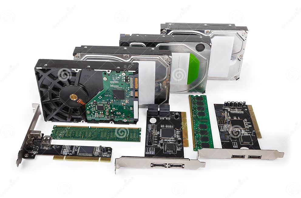 Computer Data Storage Devices Different Types on a White Background ...