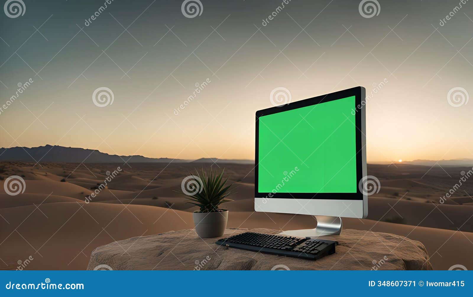 Computer in Desert Sunset stock image. Image of green - 348607371