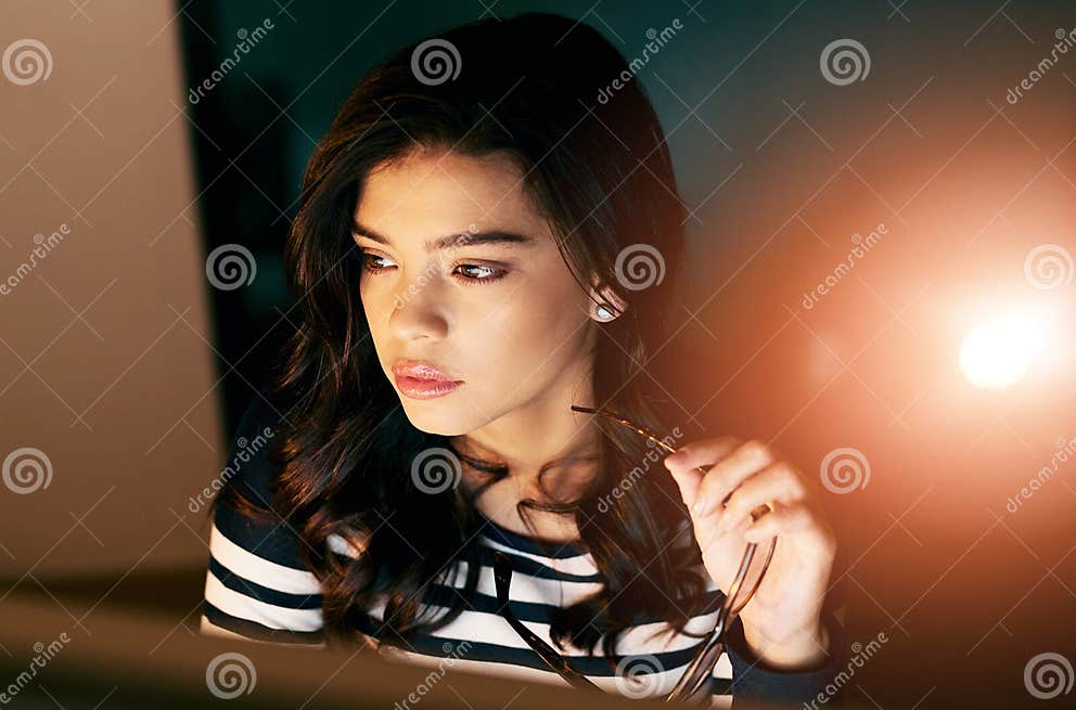 Computer, Design and Night with Woman in Office for Creative Web Development or Evening Research ...