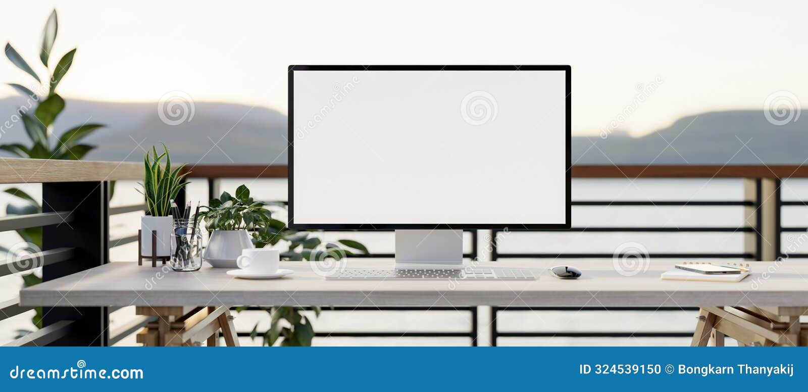 A Computer Desk on a Balcony with a Mountain View, a Computer with a ...