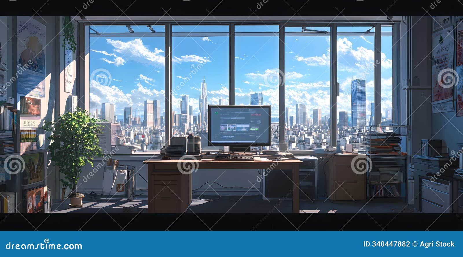A Computer Desk with a City View from a Window Stock Illustration ...