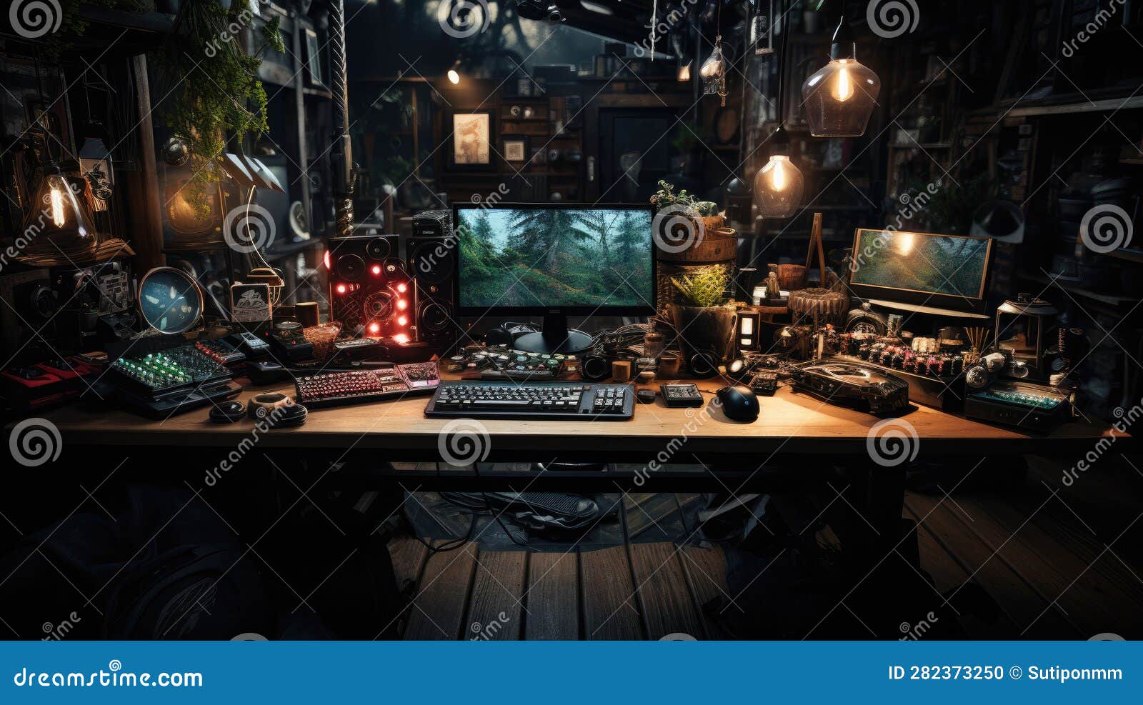 Computer on the Desk of the Content Creator and Equipment Other Stock ...