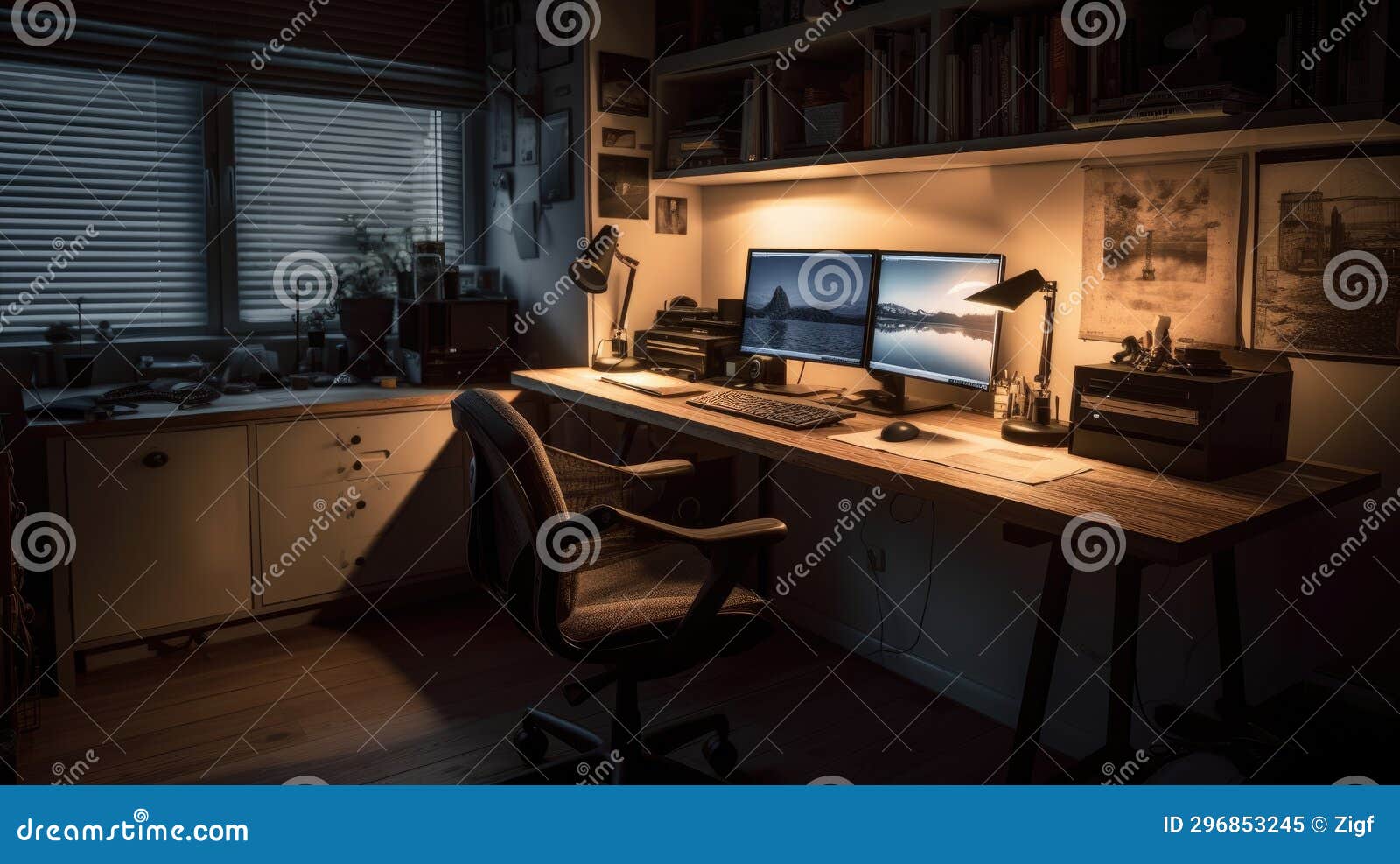 Computer Desk in a Dark Room Stock Illustration - Illustration of ...