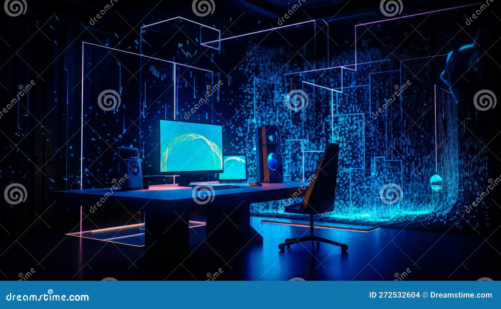 Computer Desk in Dark Room with Glowing Lights. Generative AI Stock ...