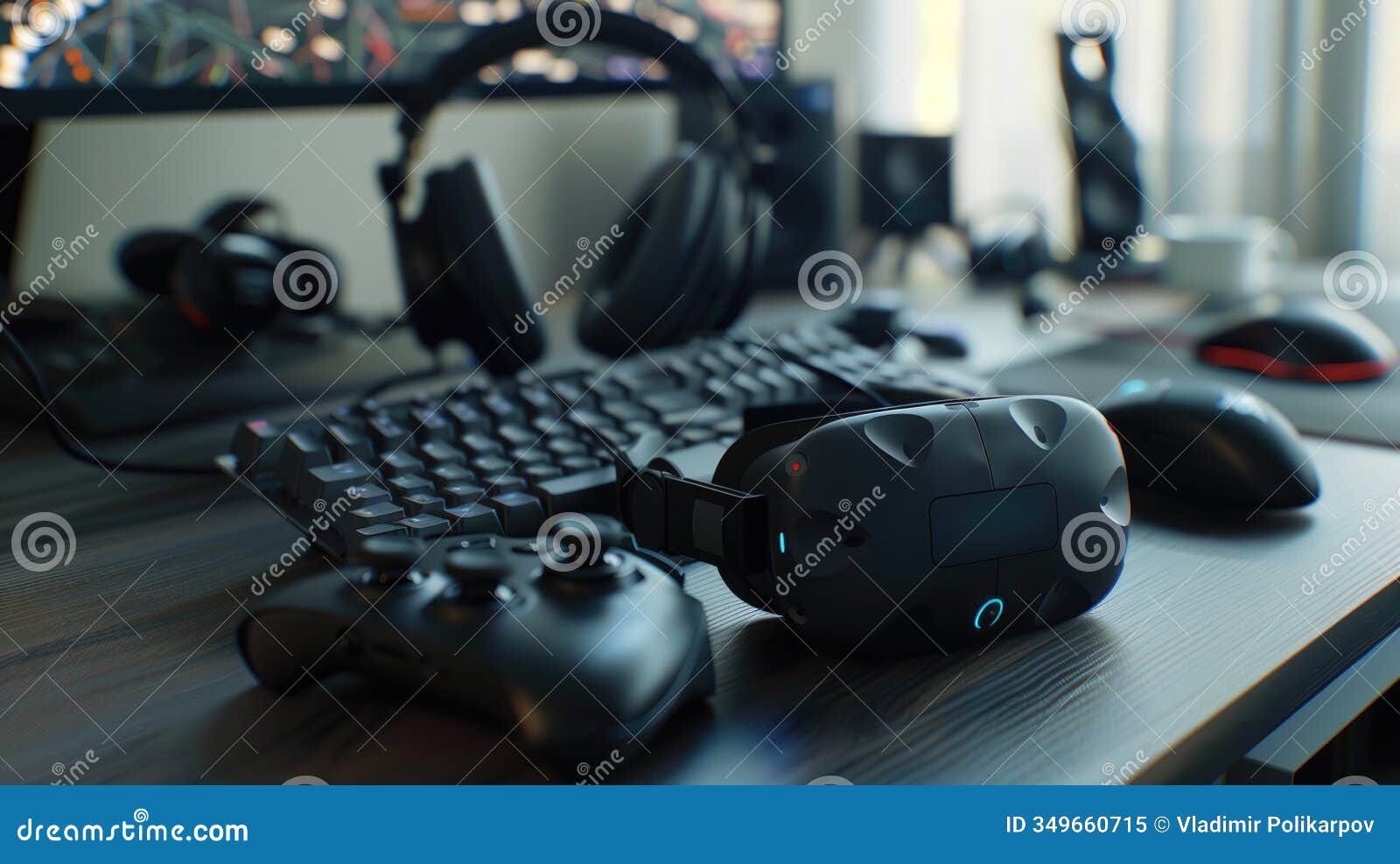 A Computer Desk with a Keyboard, Mouse, and Headphones. Ideal for ...