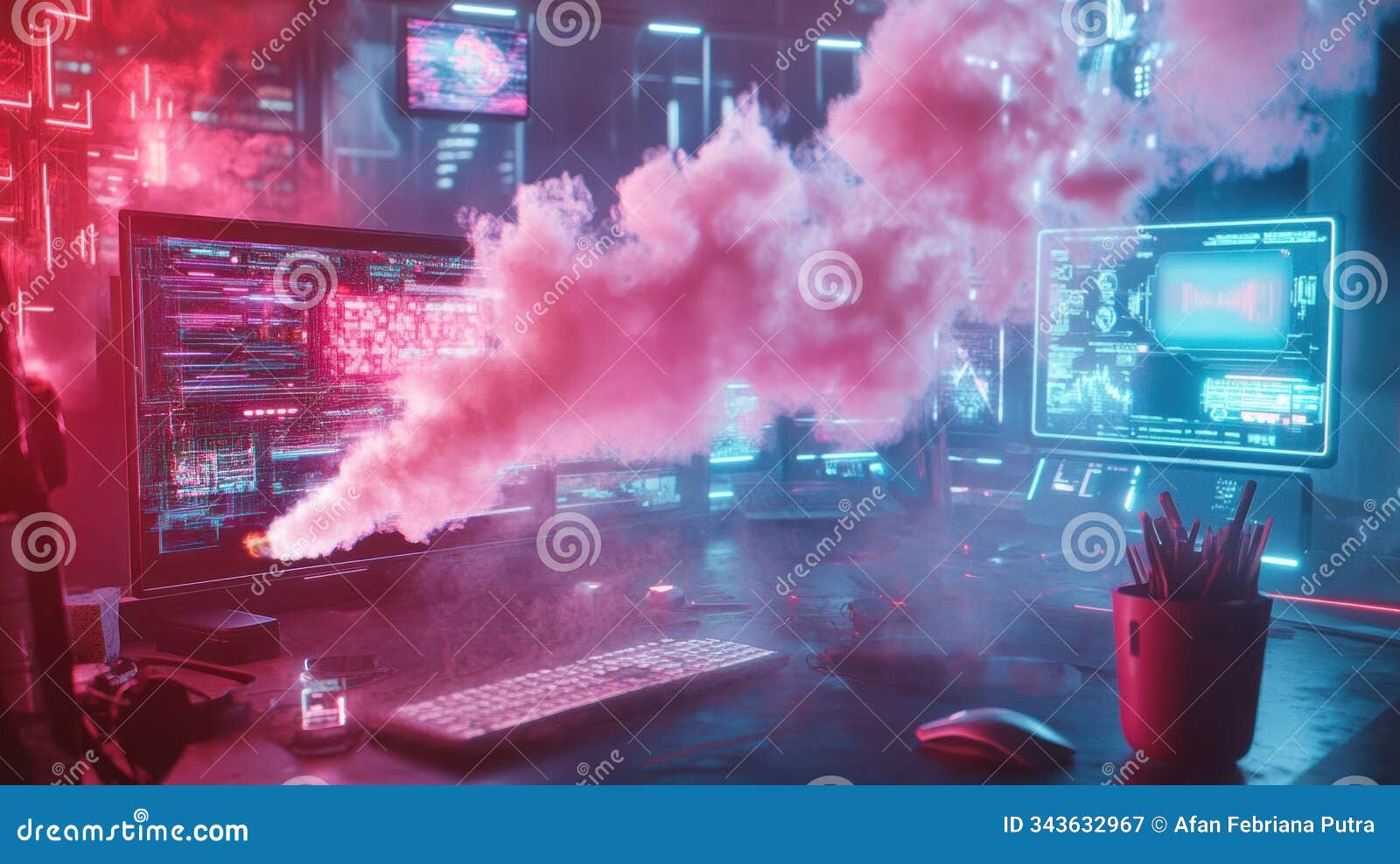 A Computer Desk with a Keyboard, Mouse, and a Vape Cloud, Lit in Pink ...